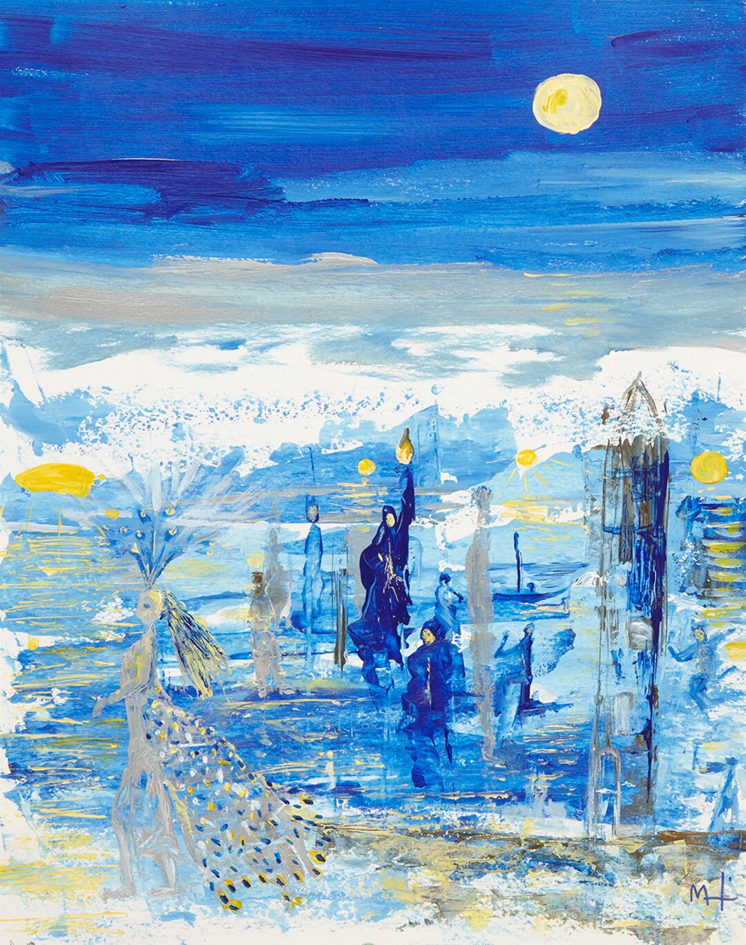 Extra Large Peacock Moonlight Blue Impressionist Abstract Landscape ...