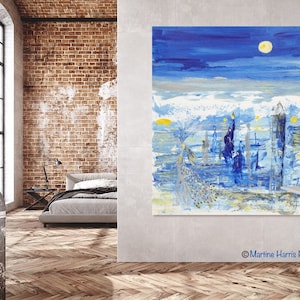 Extra Large Peacock Moonlight Blue Impressionist Abstract Landscape ...