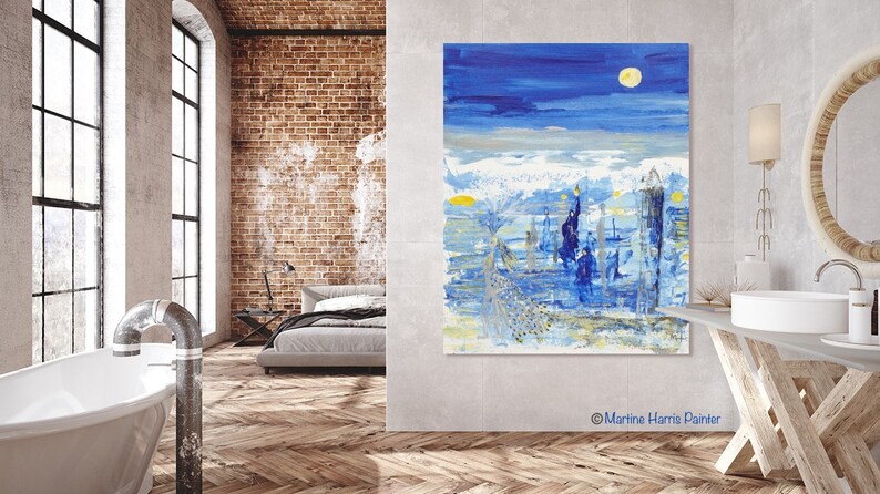 Extra Large Peacock Moonlight Blue Impressionist Abstract Landscape ...