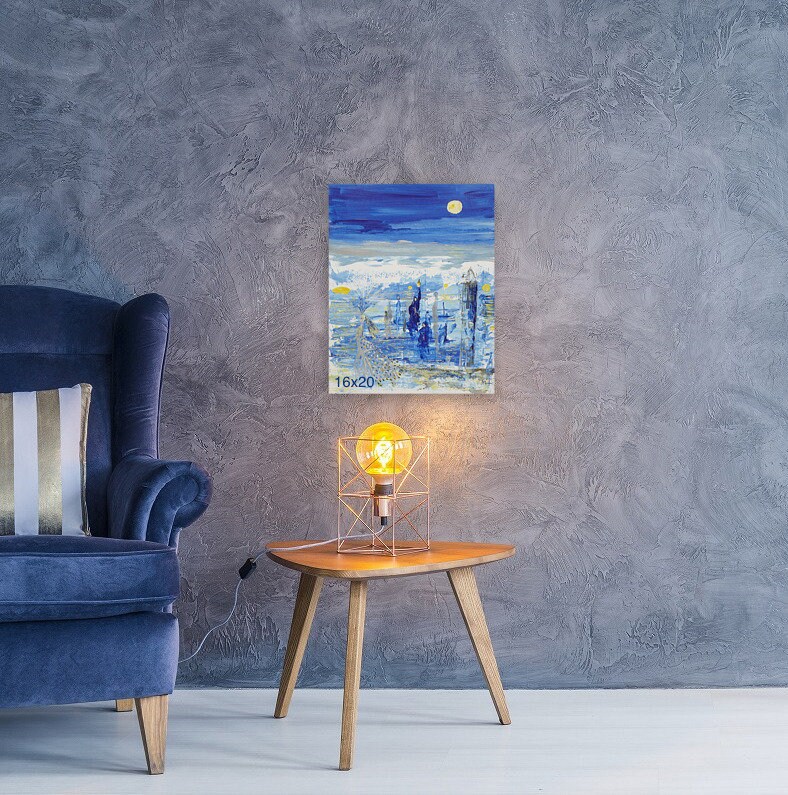 Extra Large Peacock Moonlight Blue Impressionist Abstract Landscape ...