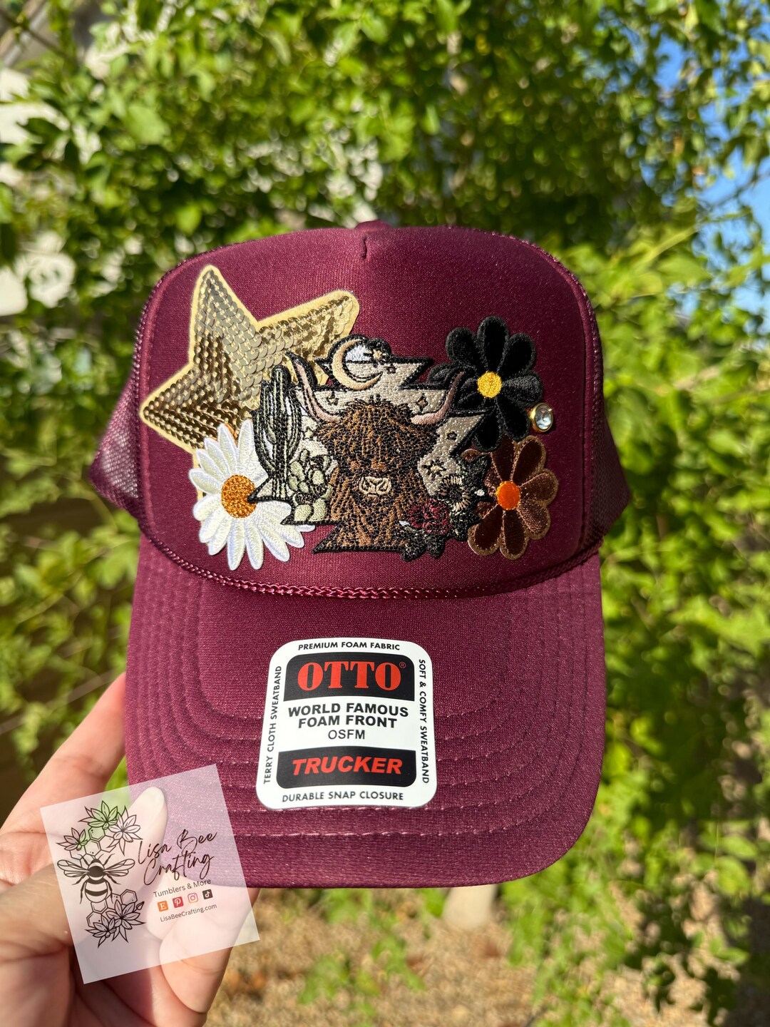 Highland Cow, Aztec, Maroon Trucker Hat, Iron Patch, Otto Hat, Ready to ...
