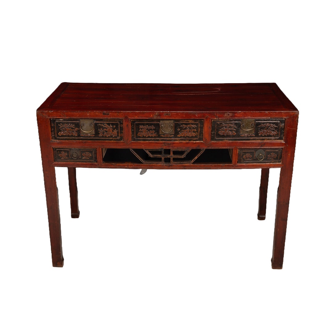 19th Century Chinese Antique Carved Red Lacquered Zhejiang Writing Desk ...