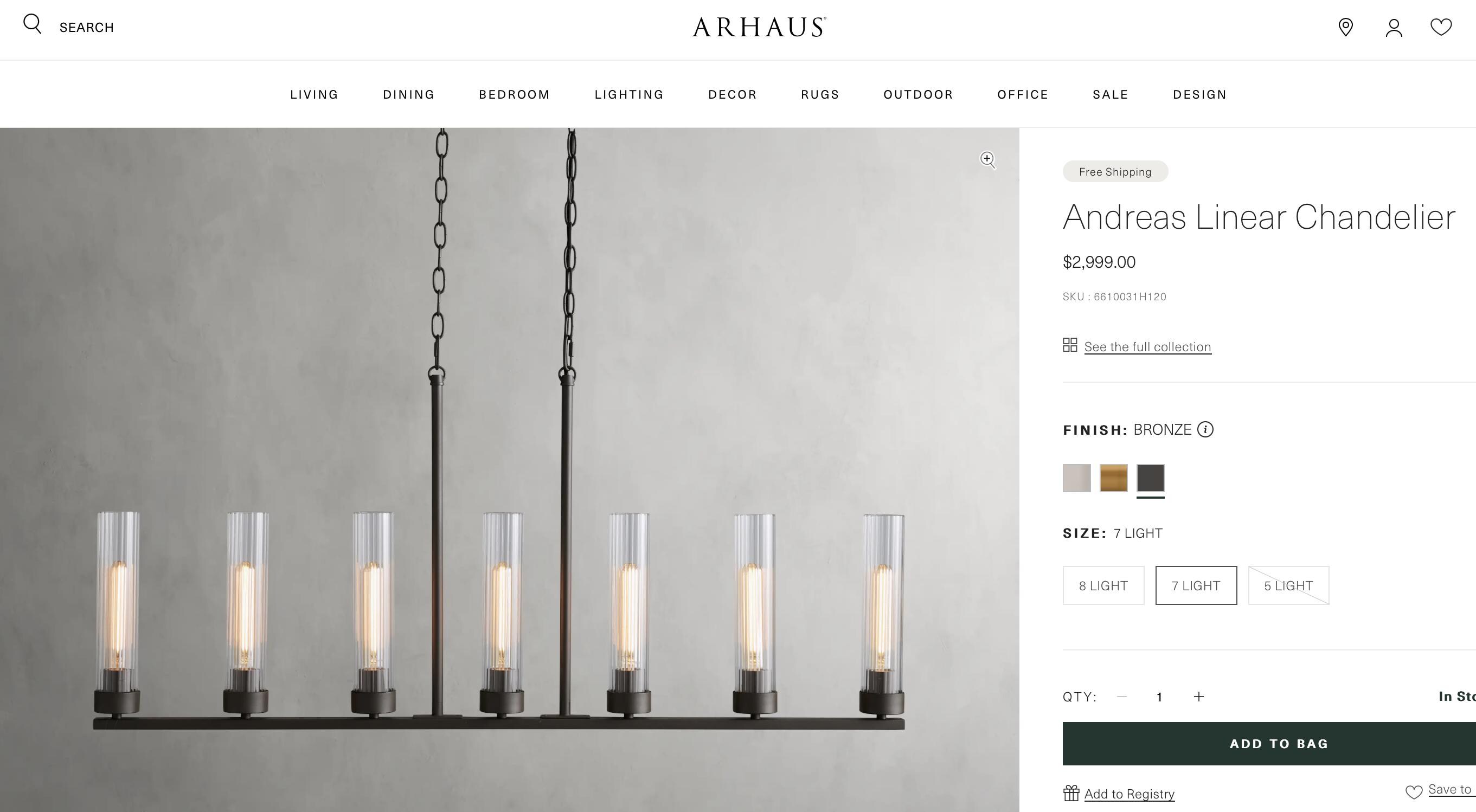 Arhaus Andreas Linear Chandelier in Bronze - New in Packaging 2999 in ...