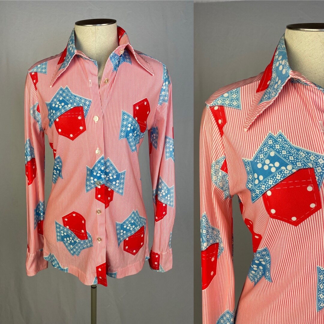Vintage 70s Women's Polyester Butterfly Collar Hippie Pattern Shirt ...