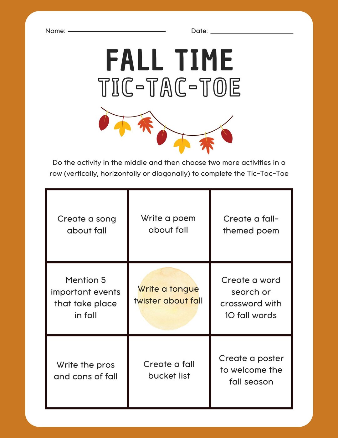 Fall Tic Tac Toe Worksheet - Etsy
