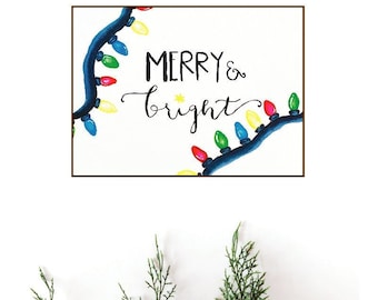 Christmas Lights, Merry & Bright - Watercolor Art Print - Etsy