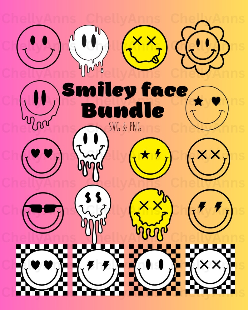 20 Smiley Face SVG and PNG Bundle Retro Smiley Faces Vintage Checkered ...