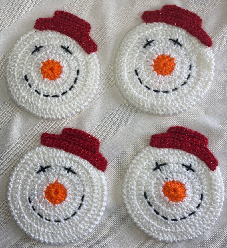 Handmade Crochet Sparkly Red Hat Snowman Coasters Set of 4 - Etsy