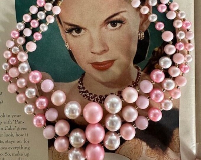50s 3-strand Pink Pearl Beaded Necklace, Vintage Pink Beaded Necklace ...