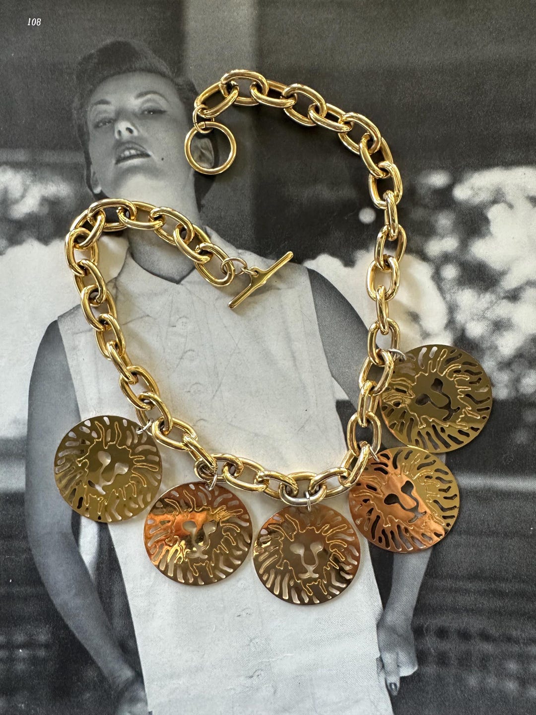 1980s Anne Klein Gold Tone Lion Head Medallion Necklace With Five Cut