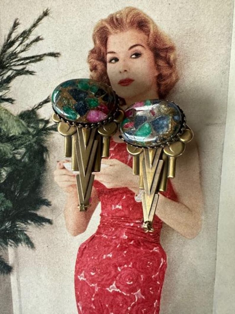 1980s Jan Michaels Signed Blue Tourmaline Clip Earrings Brass Art Deco ...