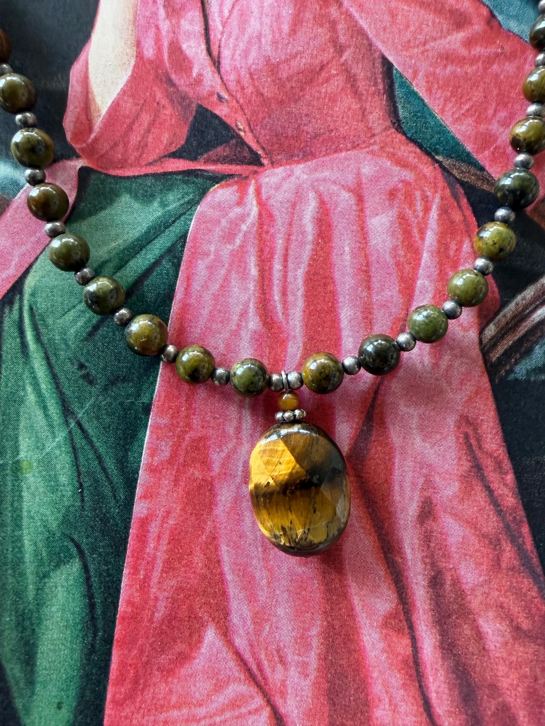 1970s Natural Stone Beaded Necklace Tiger Eye Pendant Earth Tone ...