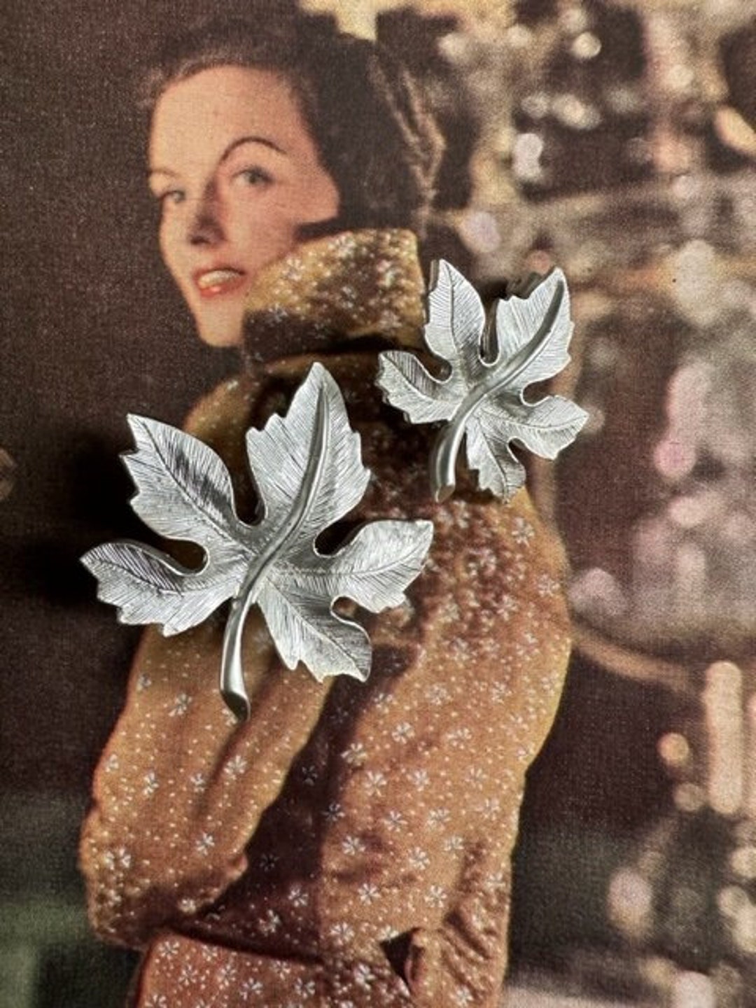 Two Silver Leaf Pins, Twin Leaf Pins, 60s Brooch, Vintage Leaf Jewelry ...