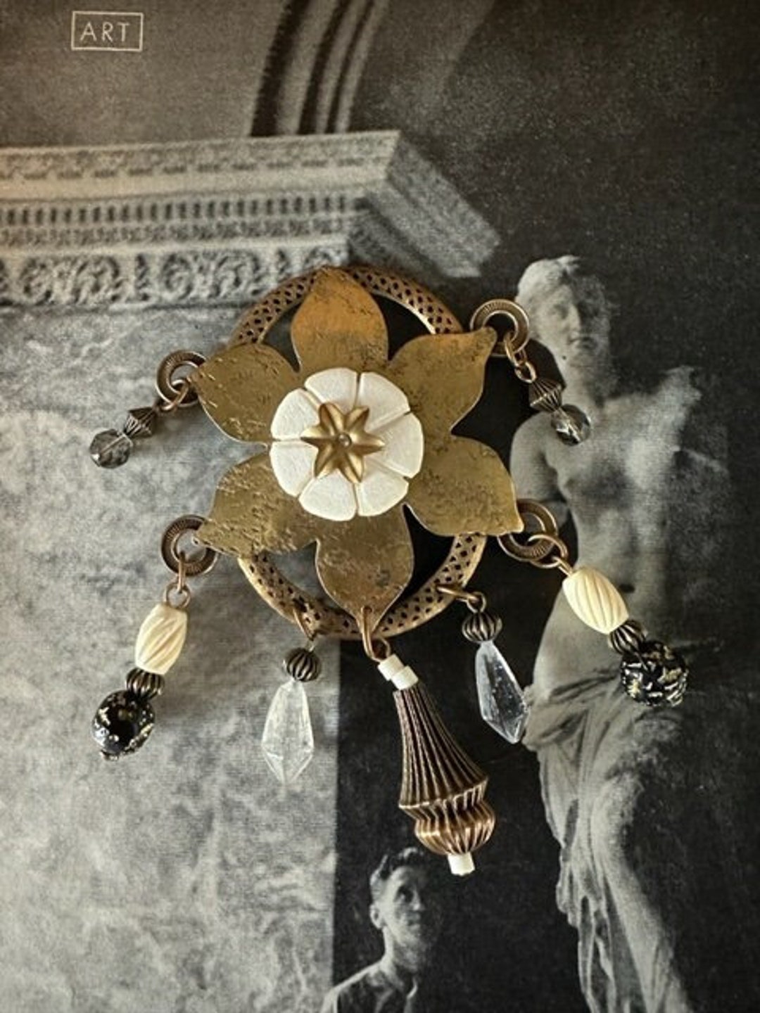 1980s BAER SF Signed Hammered Metal Flower Brooch With Dangle Beads ...