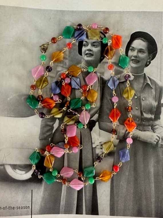 60s Multi--color Chiclet Glass Bead Long Necklace, Gl… - Gem
