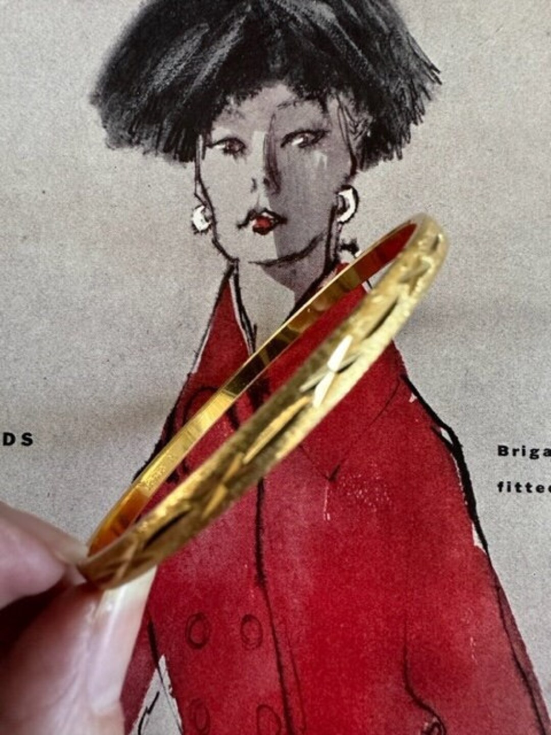 Trifari Gold Thin Bangle With Etching , Trifari Stamped Diamond Cut ...