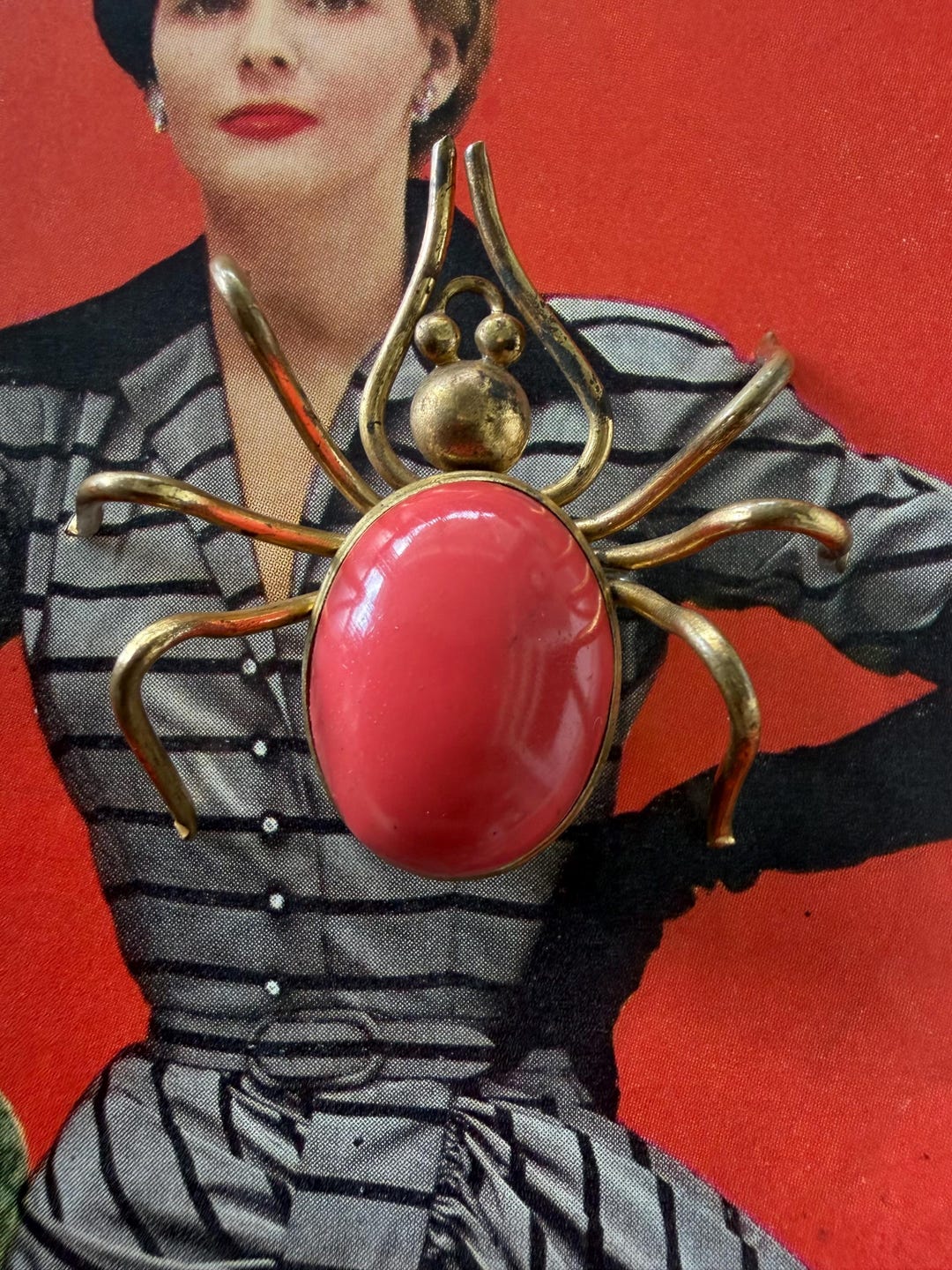 1940s Brass Tone Spider Brooch Coral Lucite Body Figural Insect Bug Pin ...