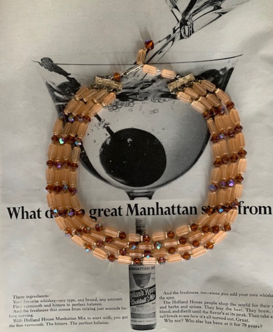 Celluloid Peach & Root Beer Beaded Crystal Necklace, 3-strand Beaded ...