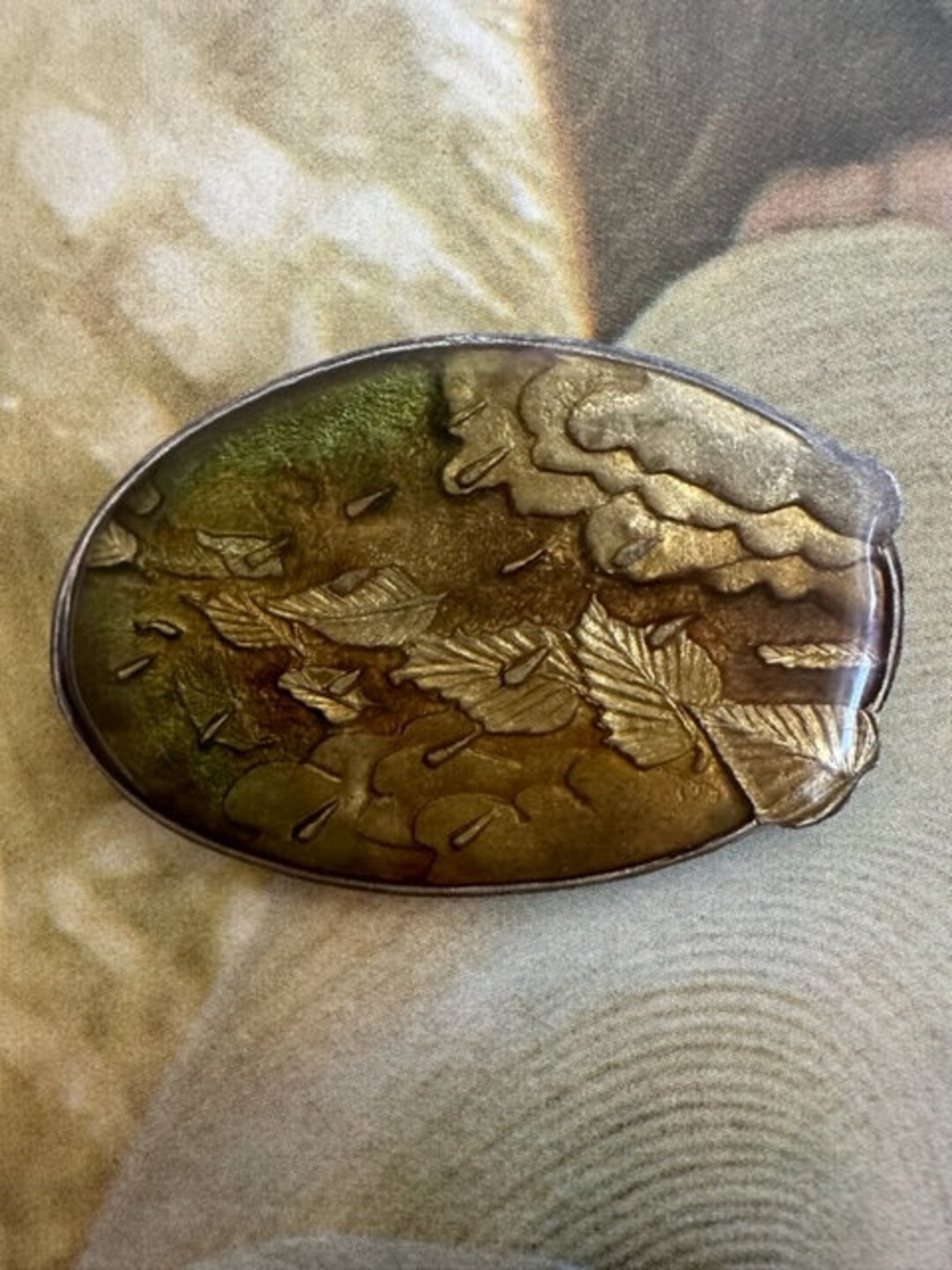 1960s Fall Scene Brooch Mixed Metal Resin Nature Rain Cloud Leaf ...