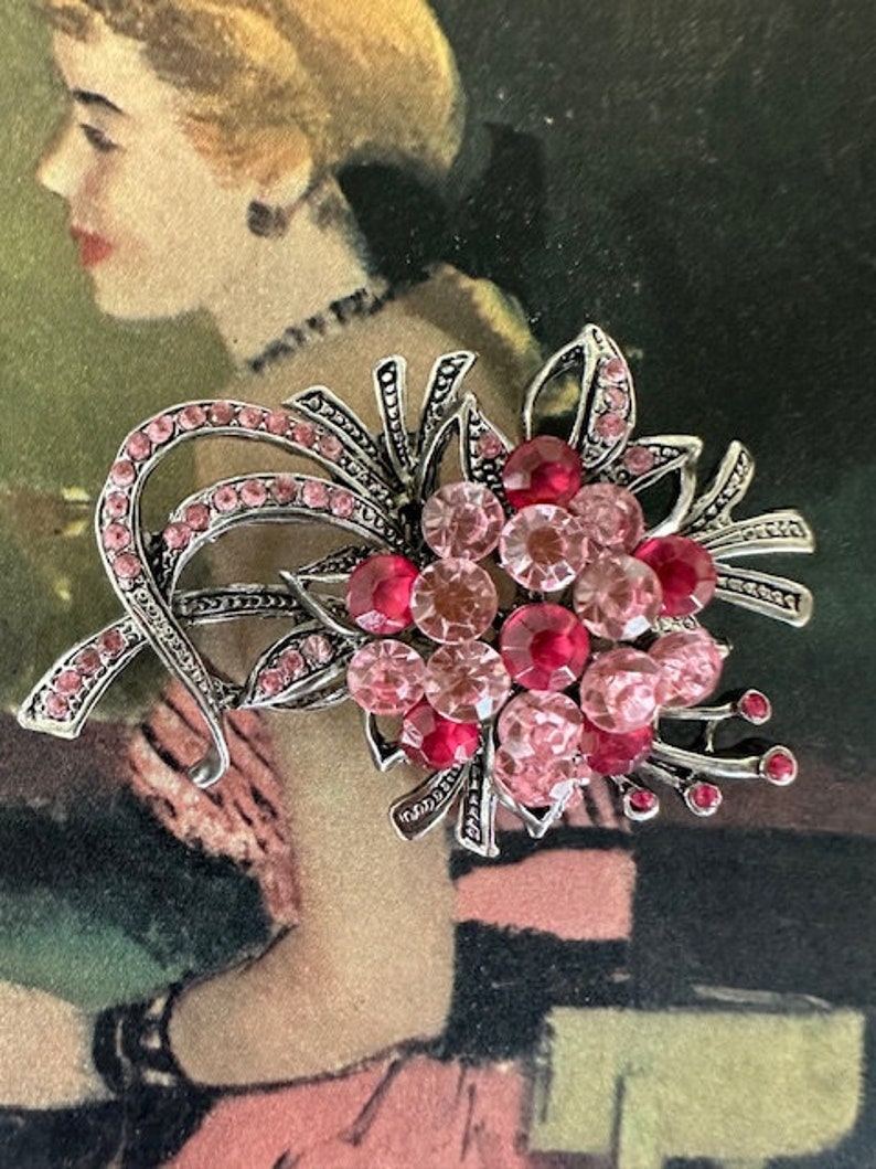 Pink Rhinestone Brooch, Two Shades of Pink Rhinestone Pin, Floral ...