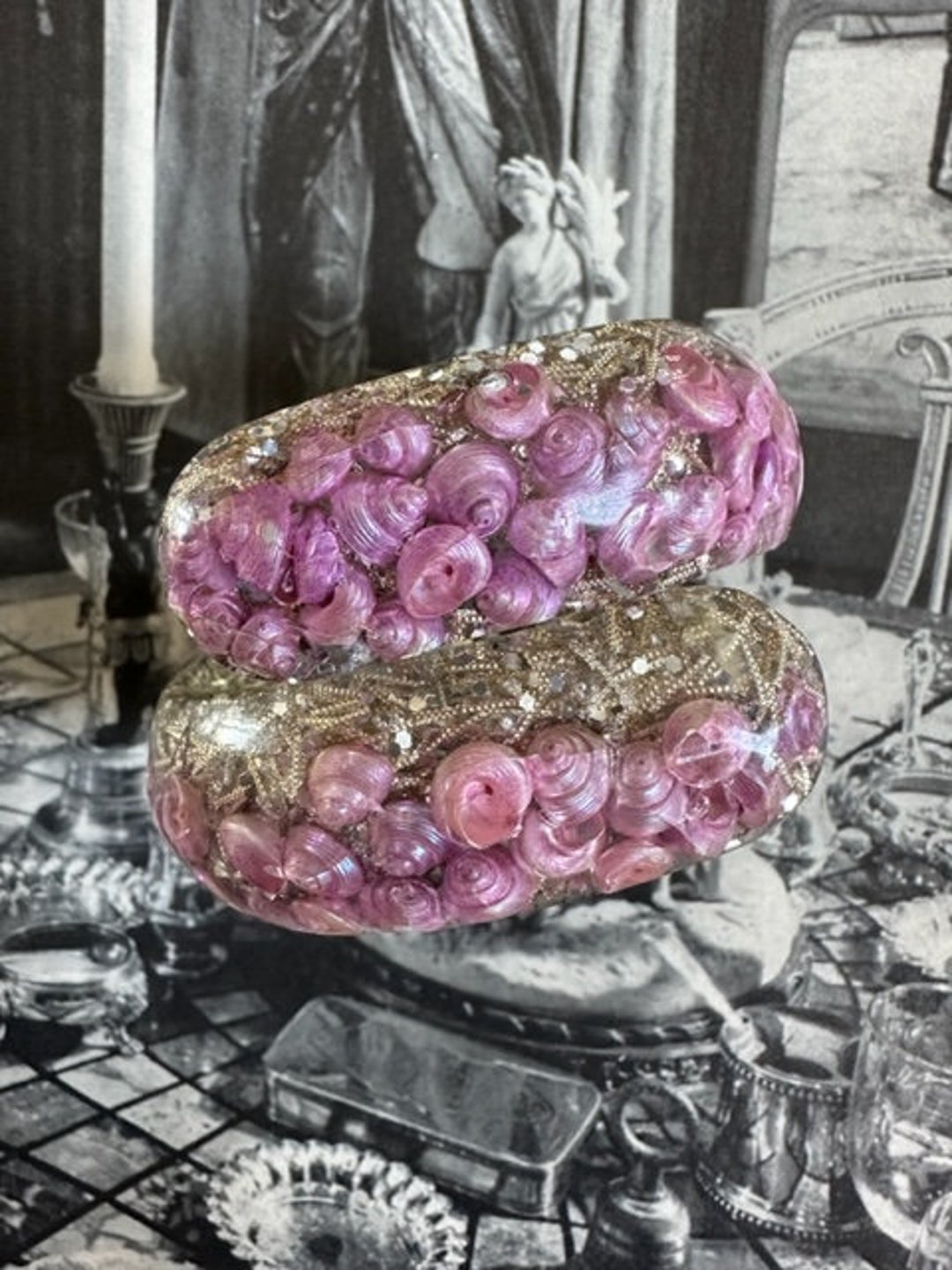 50s Trochus Shell Confetti Hinged Clamper Bracelet, 50s Clamper ...