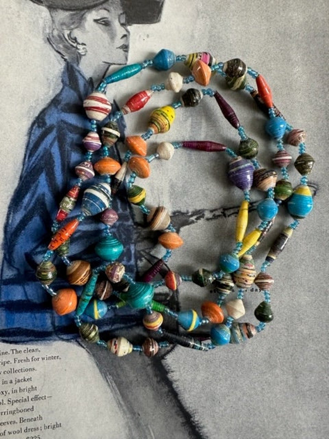 Handmade Paper Beaded Necklace, Paper Bead Necklace, 60" Paper Bead ...