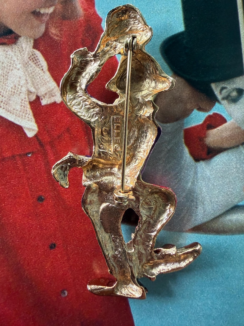 1980s Elle Signed Clown Brooch Gold Tone Enamel Figural Pin Tipping Hat ...