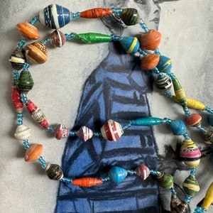 Handmade Paper Beaded Necklace, Paper Bead Necklace, 60 Paper Bead ...