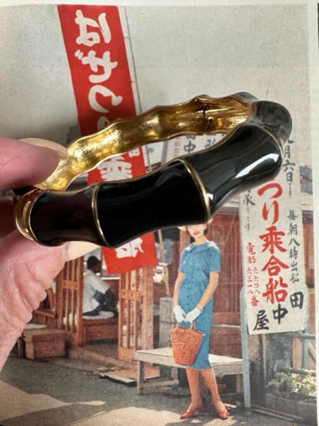 80s Black Enamel Bamboo Hinged Bangle, Vintage Bamboo Bracelet, Bamboo ...