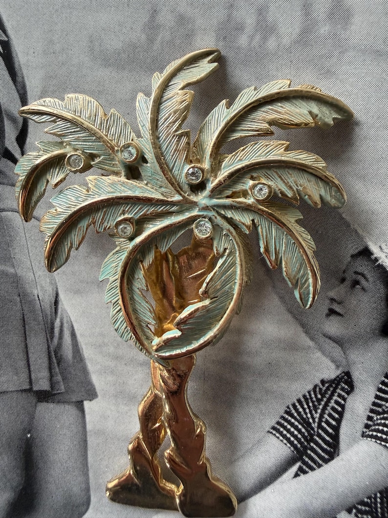 1950s Ultra Craft Signed Palm Tree Brooch Gold Tone Green Enamel ...