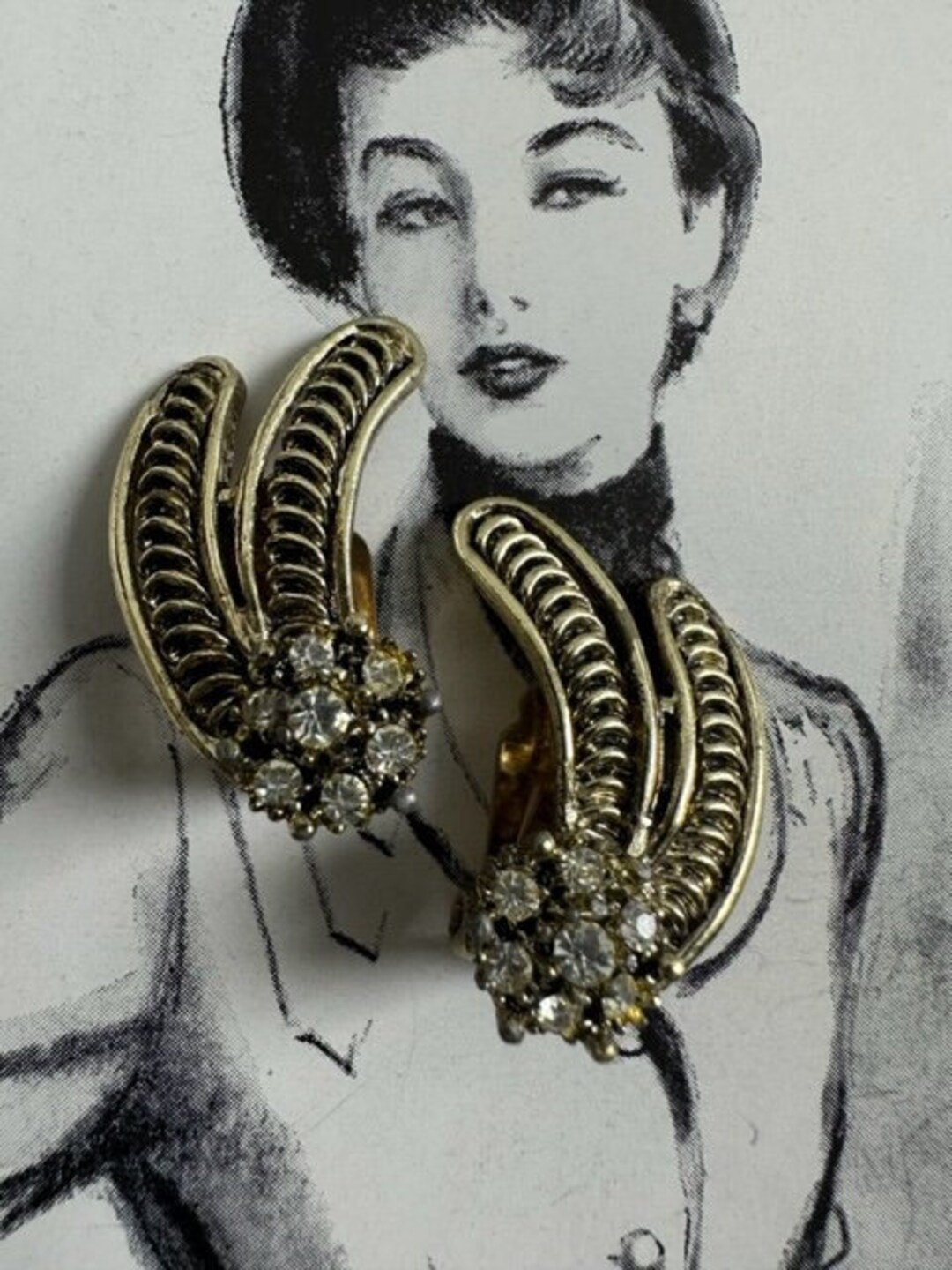 1950s Abstract Leaves With Rhinestones Earrings, 50s Earrings, 50s ...