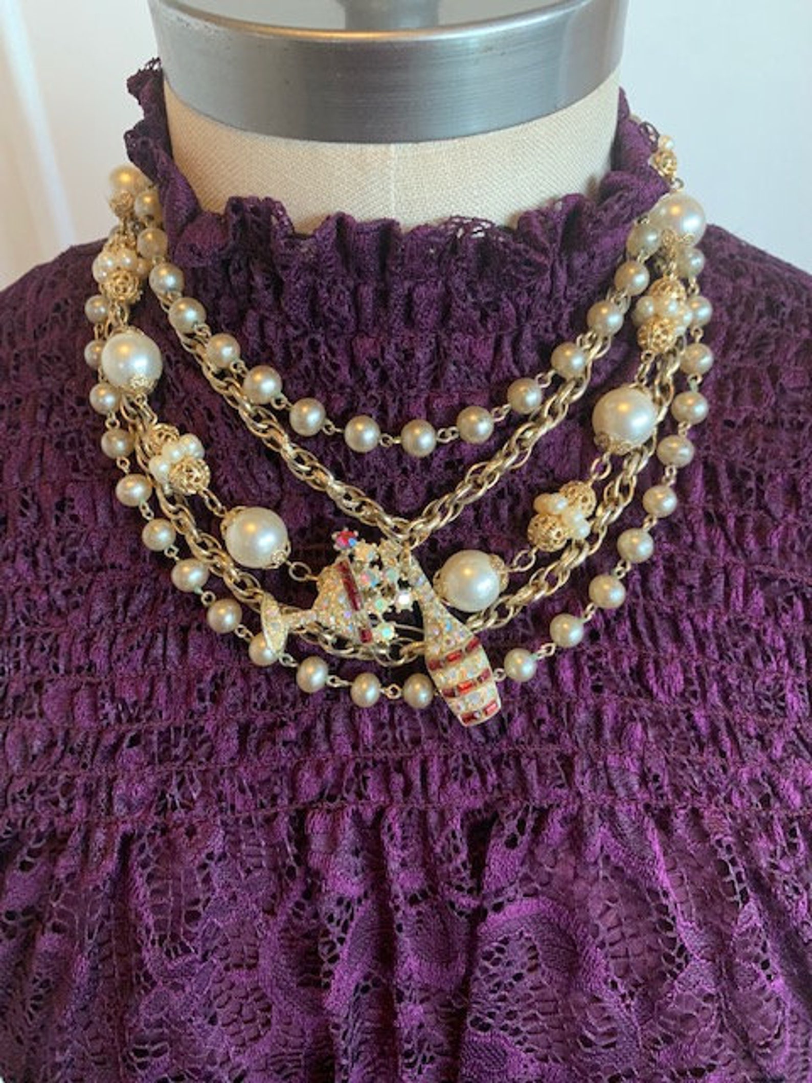 1950s Coro Signed MCM 5 Strand Pearl Gold Necklace With Champagne ...