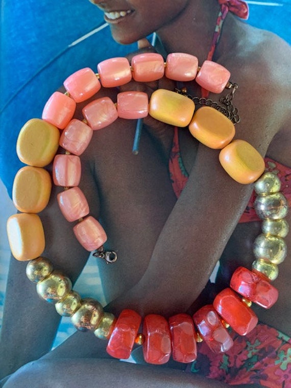 70s Lucite Wood Brass Beaded Necklace, 70s Necklaces,… - Gem
