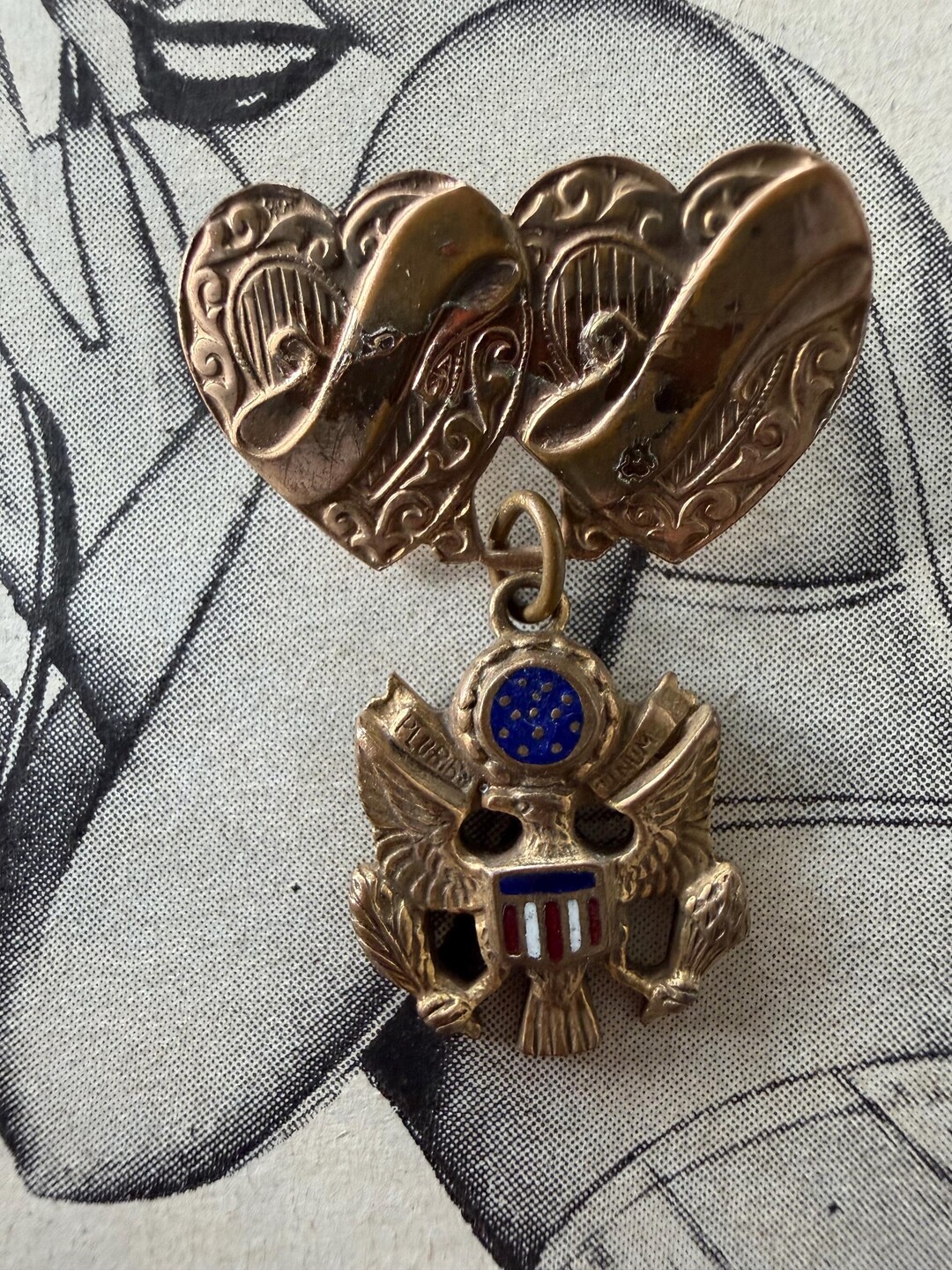1940s WWII Sweetheart Pin Double Heart Patriotic Eagle Dangle Vintage ...