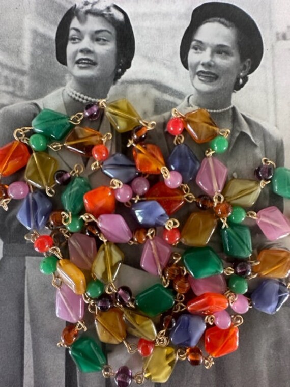 60s Multi--color Chiclet Glass Bead Long Necklace, Gl… - Gem