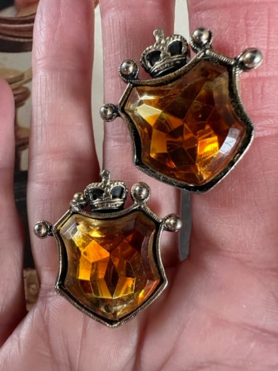 Vintage Swank Citrine Shield with Crown Cuff Links, S… - Gem