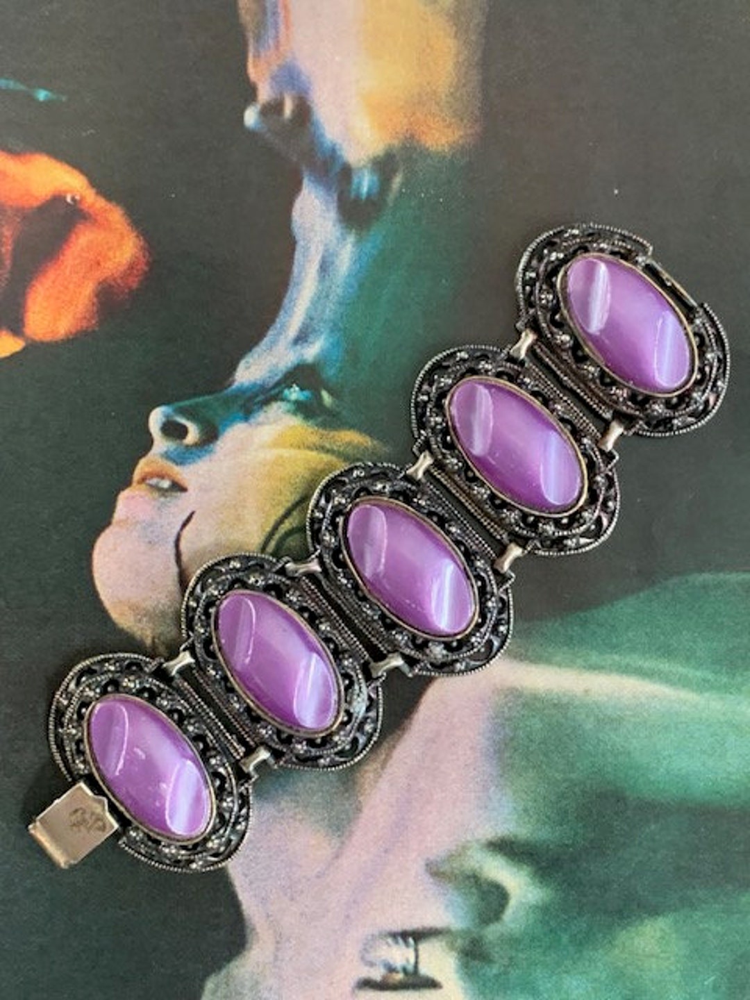 1950s Selro Selini Unsigned Purple Lucite Panel Link Bracelet Ornate ...