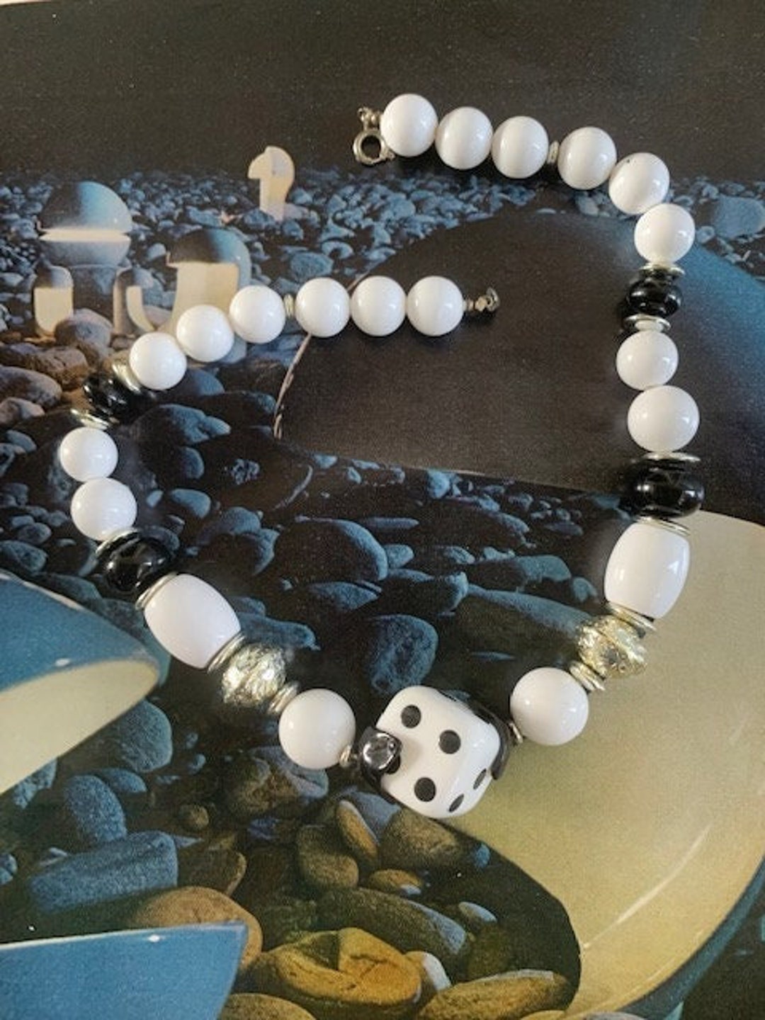 80s Black & White Beaded Necklace, 80s Dice Jewelry, Vintage Dice ...