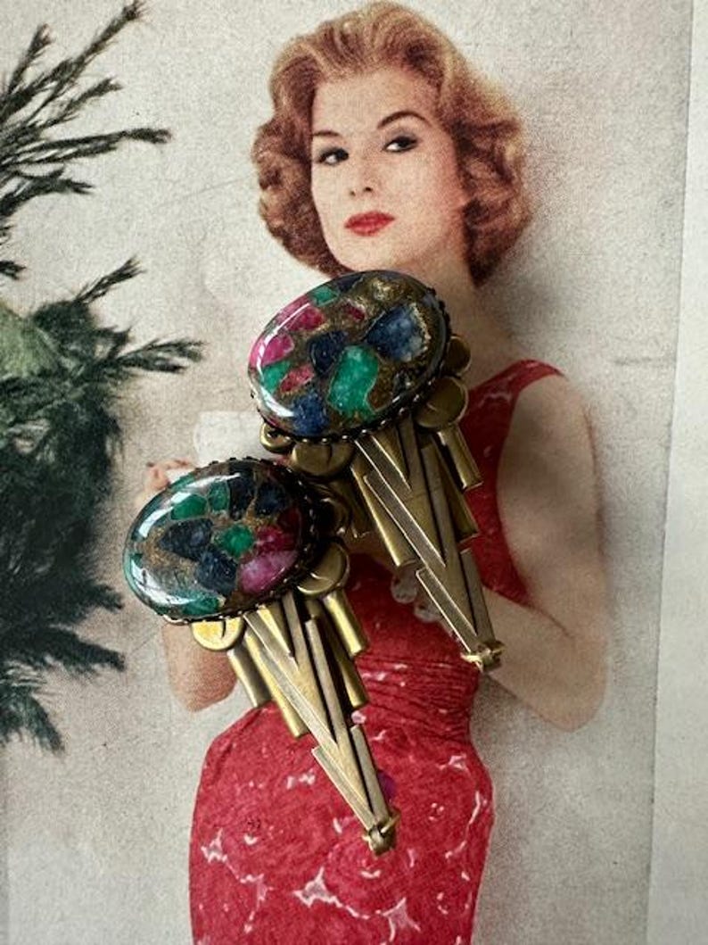 1980s Jan Michaels Signed Blue Tourmaline Clip Earrings Brass Art Deco ...