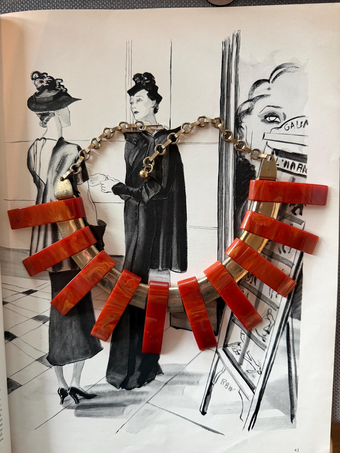 1930s Brick Red Bakelite Necklace Art Deco Gold Tone Vintage Link Bib ...