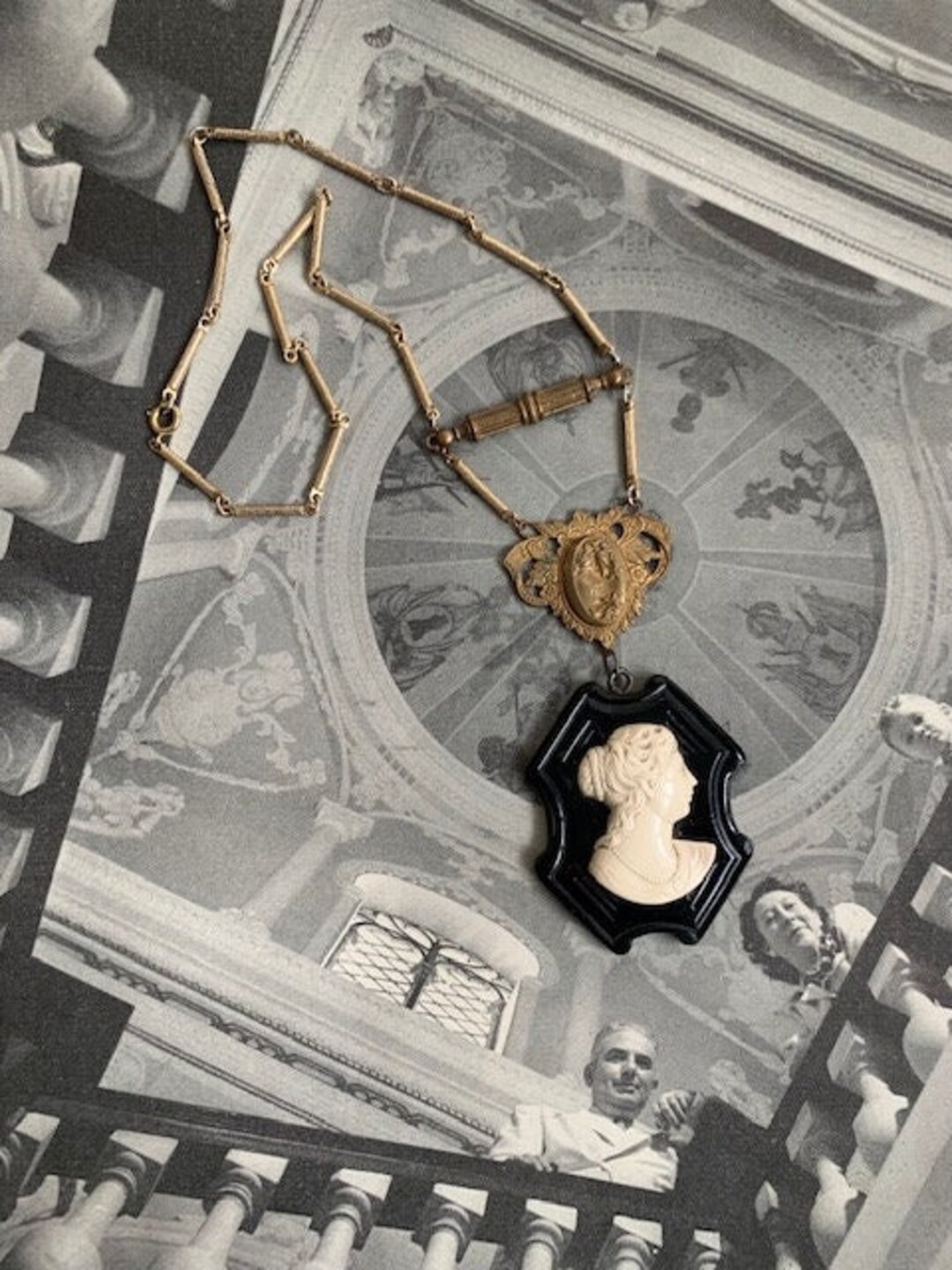 1930s Rare Celluloid Cameo on a Repurposed Face Brass Piece on a Link ...