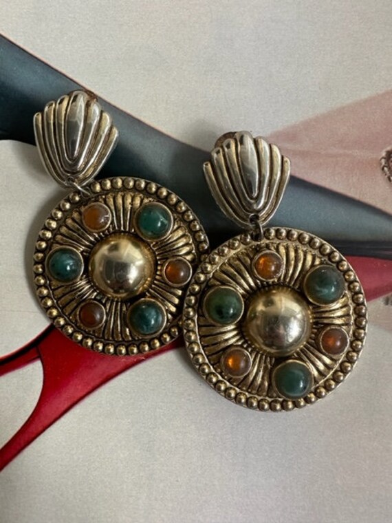 80s Large Boho Dangle Gold with Cabochon Earrings, 80… - Gem