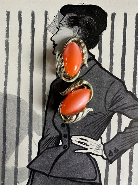 1950s Charel Signed Orange Lucite Cabochon Clip on Earrings Gold Scroll ...