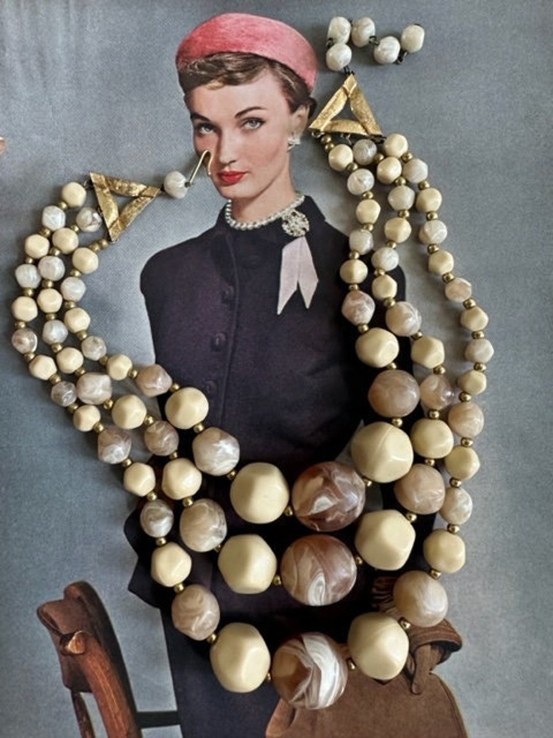 60s Mega Lucite Root Beer Float Swirl 3-strand Beaded Necklace, 60s ...