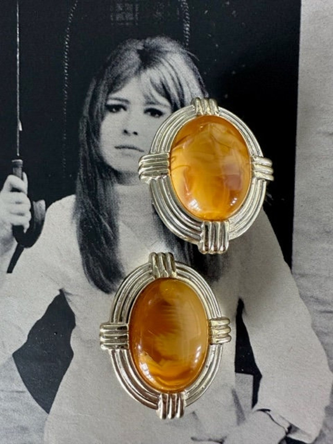 80s Large Oval Lucite Earrings, 80s Mega Yellow Carmel Swirl Earrings ...