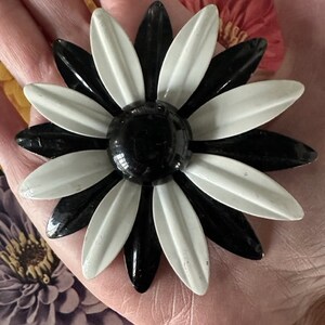 60s Mega Balk and White Enamel Flower Brooch, Large Metal Flower With ...