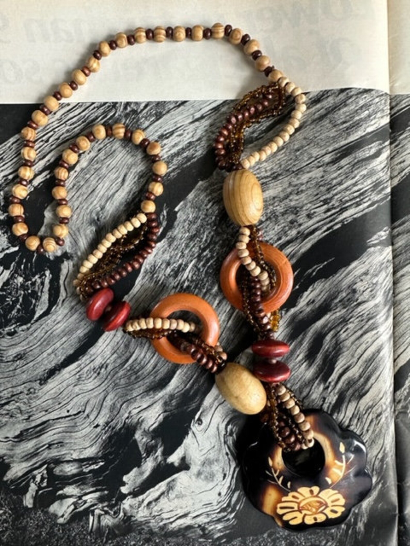 70s Wood Bead With Faux Bone Stenciled Pendant, 70s Necklaces, Hippie ...