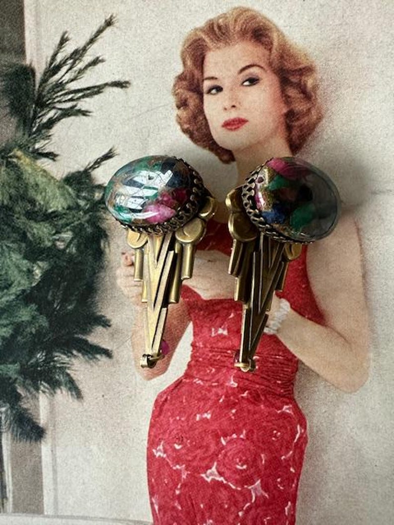 1980s Jan Michaels Signed Blue Tourmaline Clip Earrings Brass Art Deco ...