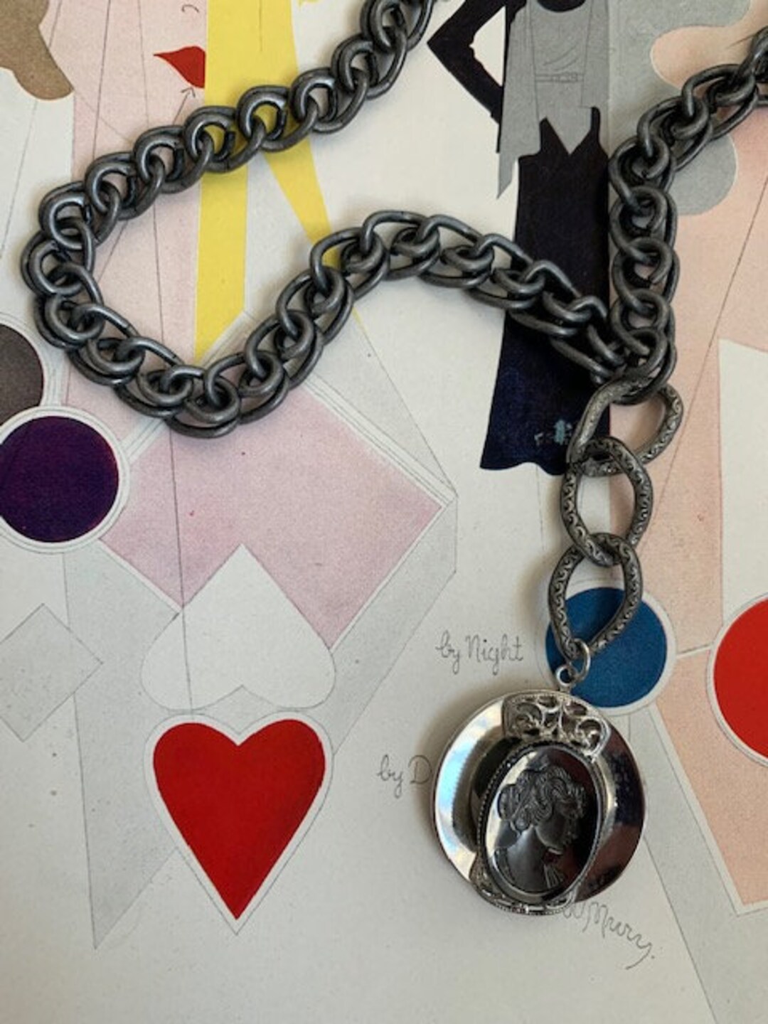 1970s Hematite Stone Cameo Pendant on Chunky Pewter Chain With Drop ...