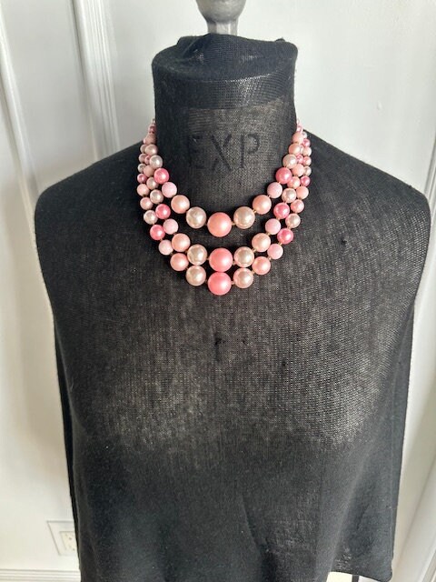 50s 3-strand Pink Pearl Beaded Necklace, Vintage Pink Beaded Necklace ...